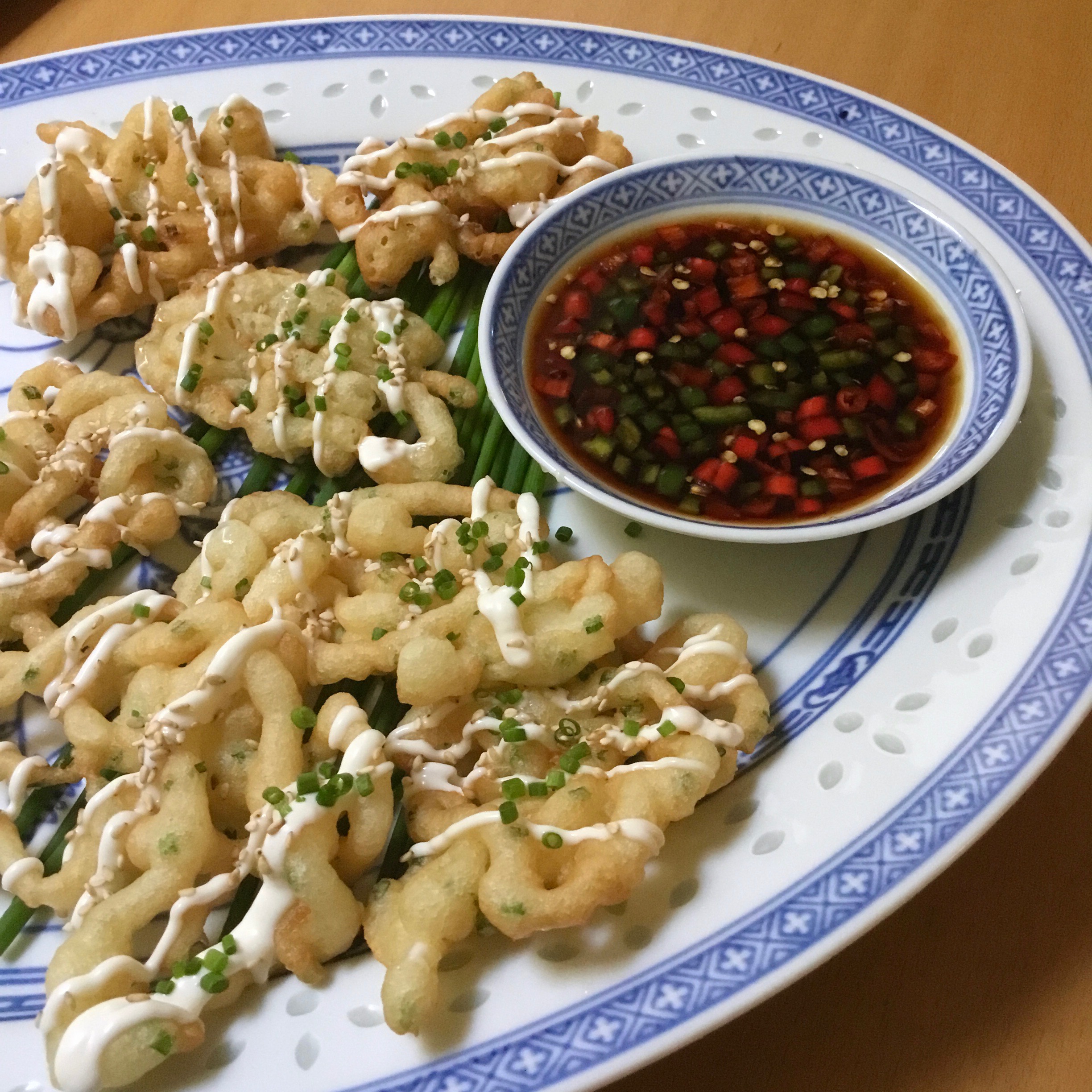 Chive Funnel Cakes with Chili Padi Sauce | Recipes - Roger Mooking